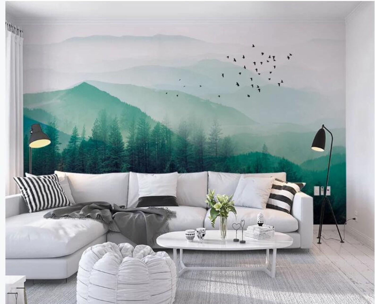 Ombre Mountains Trees Forest Mural Wallpaper Handpainted Pine | Etsy