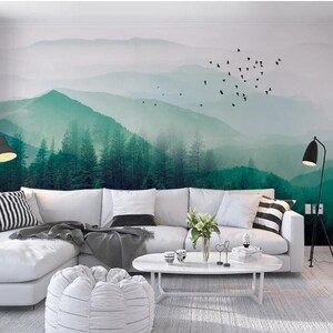Ombre Mountains Trees Forest Mural Wallpaper, Handpainted Pine Trees ...