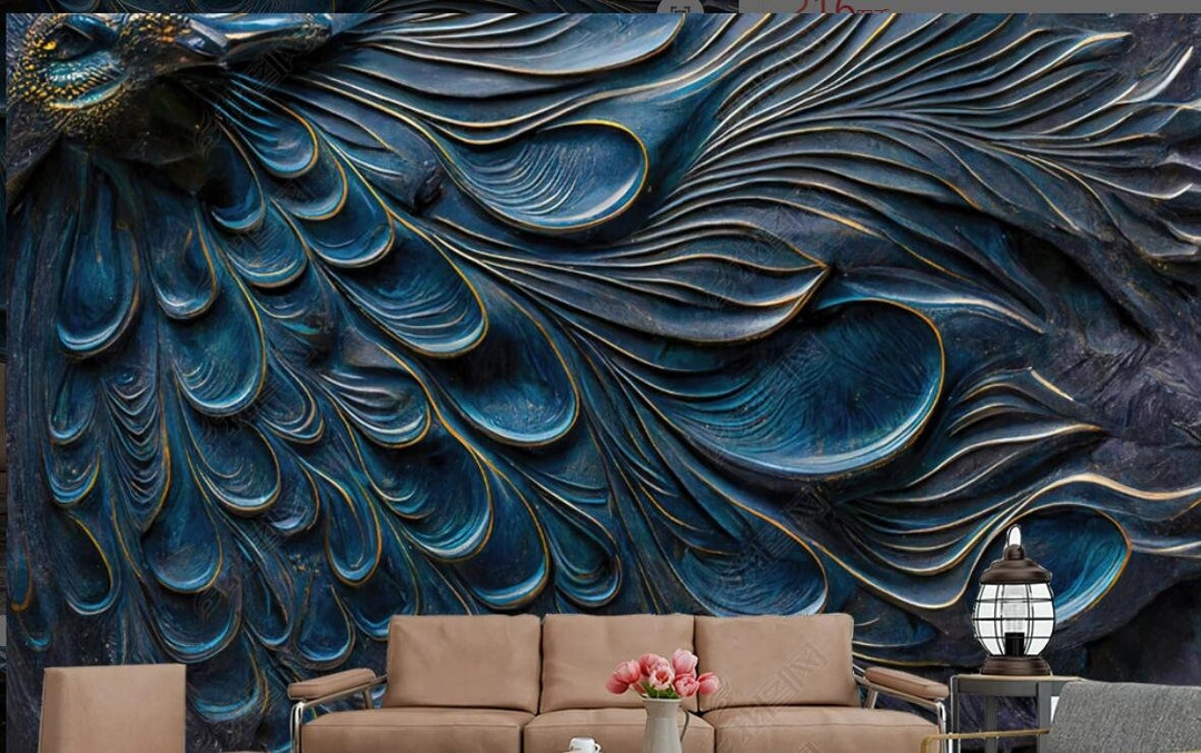 3D Blue Peacock Marble Wallpaper Wall Mural Home Decor for Living Room ...