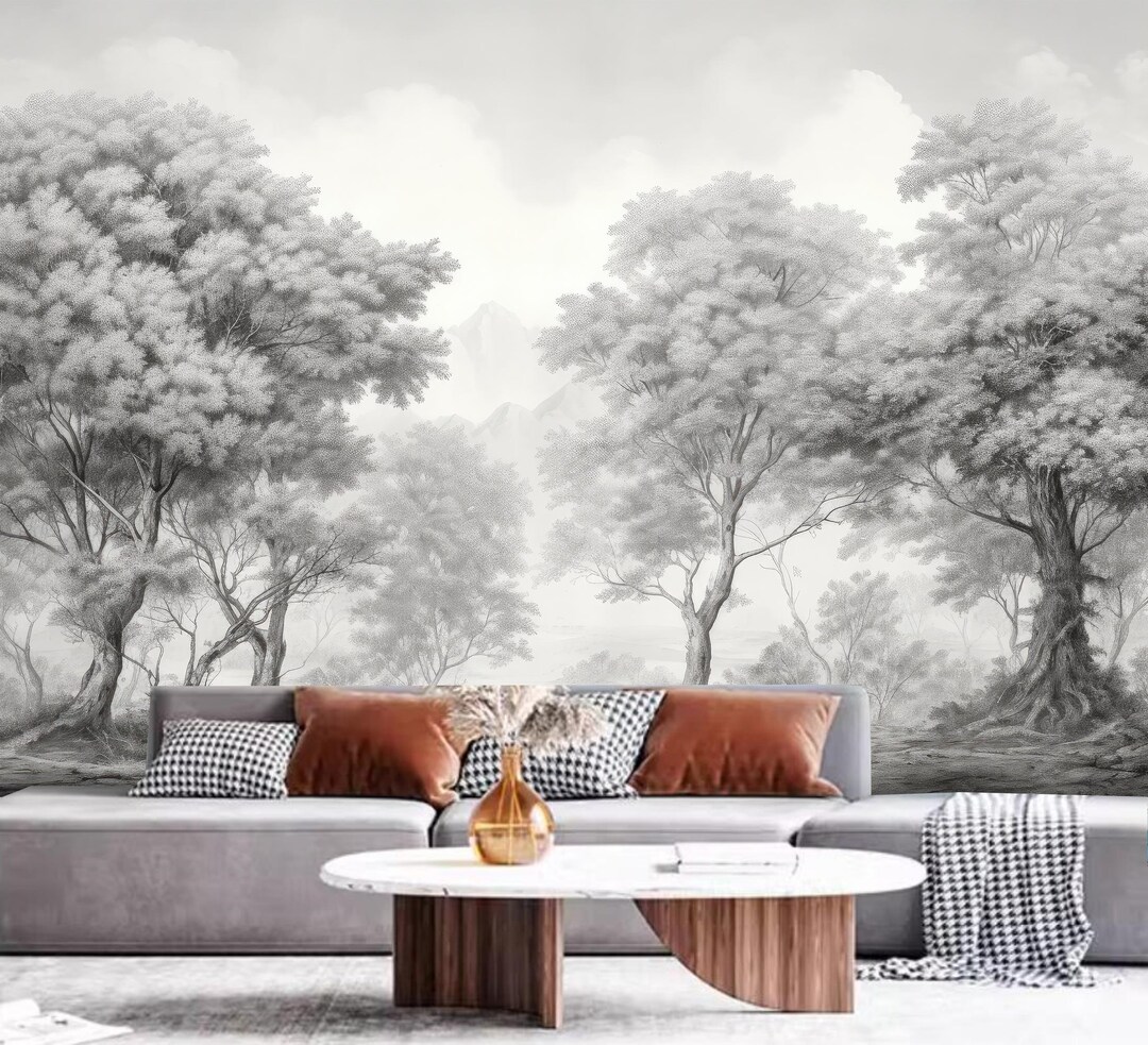 Grey Pine Trees Forest Wallpaper Wall Murals Home Decor - Etsy