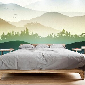 Ombre Mountains Trees Forest Mural Wallpaper Handpainted Pine - Etsy