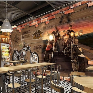 Personalized Customization Retro Motorcycle Brick Wallpaper Restaurant ...
