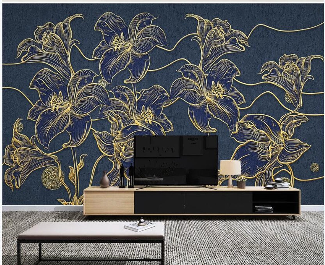 Navy Blue Background Gold Flowers Lily Wall Mural Hand - Etsy