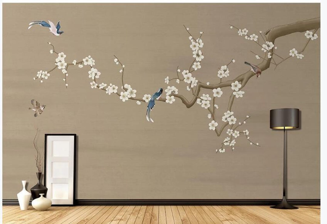 Chinoiserie Plum Tree Wallpaper: Flying Bird Wall Mural - Etsy