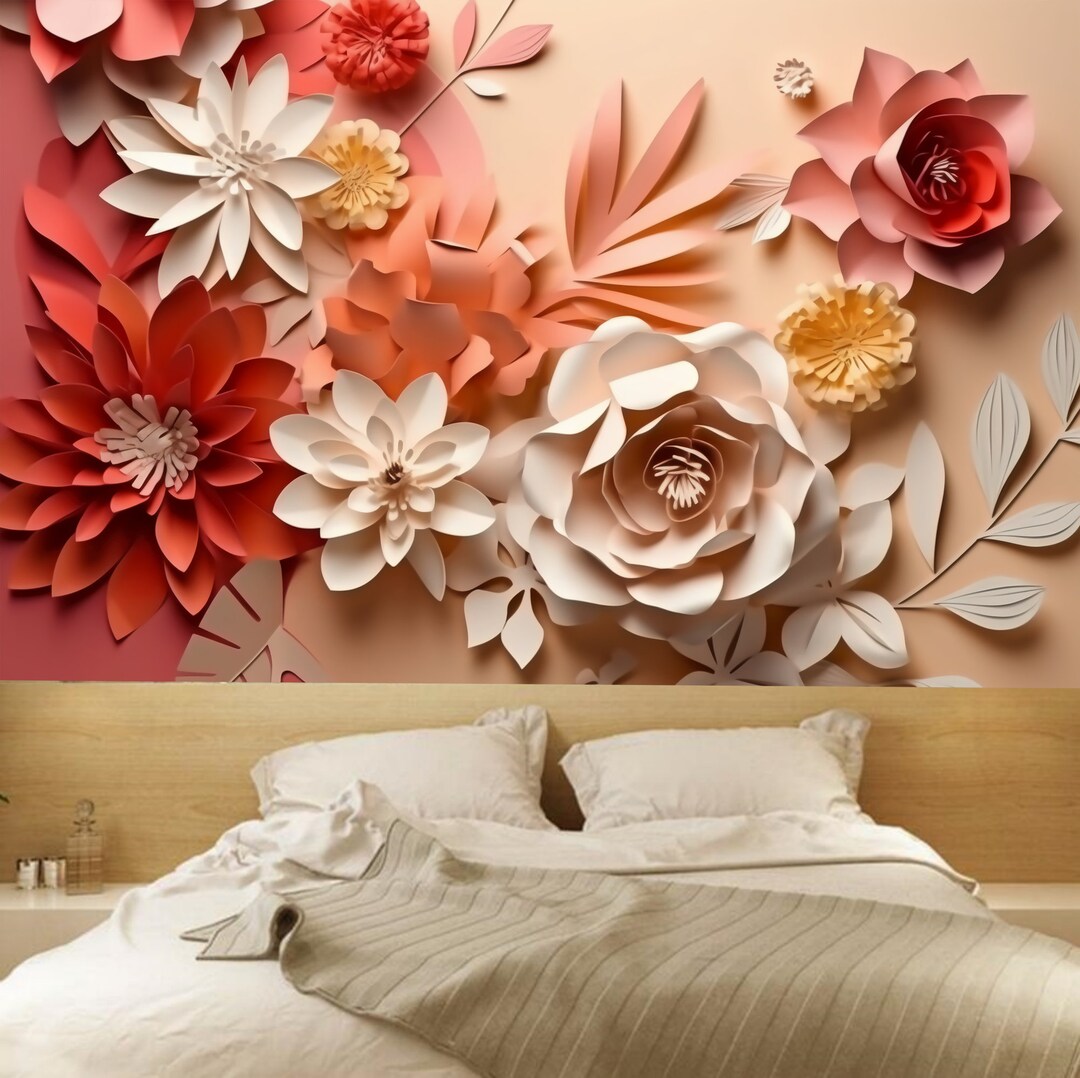 3D Paper Pink Flowers Floral Wallpaper Wall Mural Home Decor for Living ...