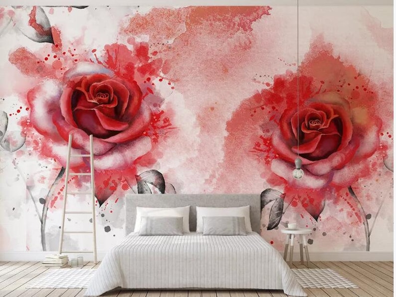 Watercolor Red Big Rose Floral Wallpaper Hand Painted Big - Etsy