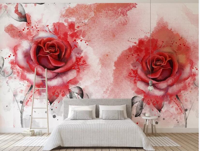 Watercolor Red Big Rose Floral Wallpaper Hand Painted Big | Etsy