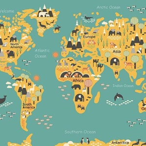 Safari Cartoon World Map Nursery Wallpaper, World Map Cartoon Animals ...