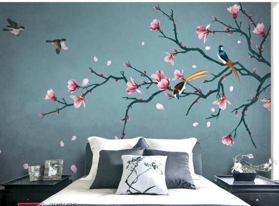 Chinoiserie Hanging Pink Plum Tree Wallpaper Flying Birds - Etsy