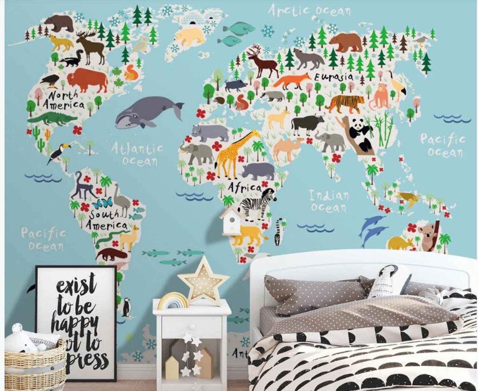 Safari Cartoon World Map Nursery Wallpaper World Map Cartoon | Etsy