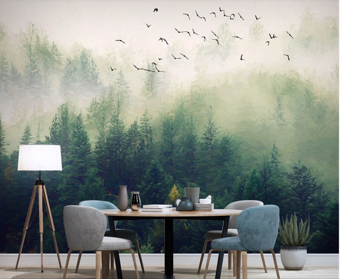 Misty Trees Forest Wallpaper Flying Bids and Pine Tress Wall - Etsy