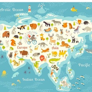 Safari Cartoon World Map Nursery Wallpaper World Map Cartoon - Etsy