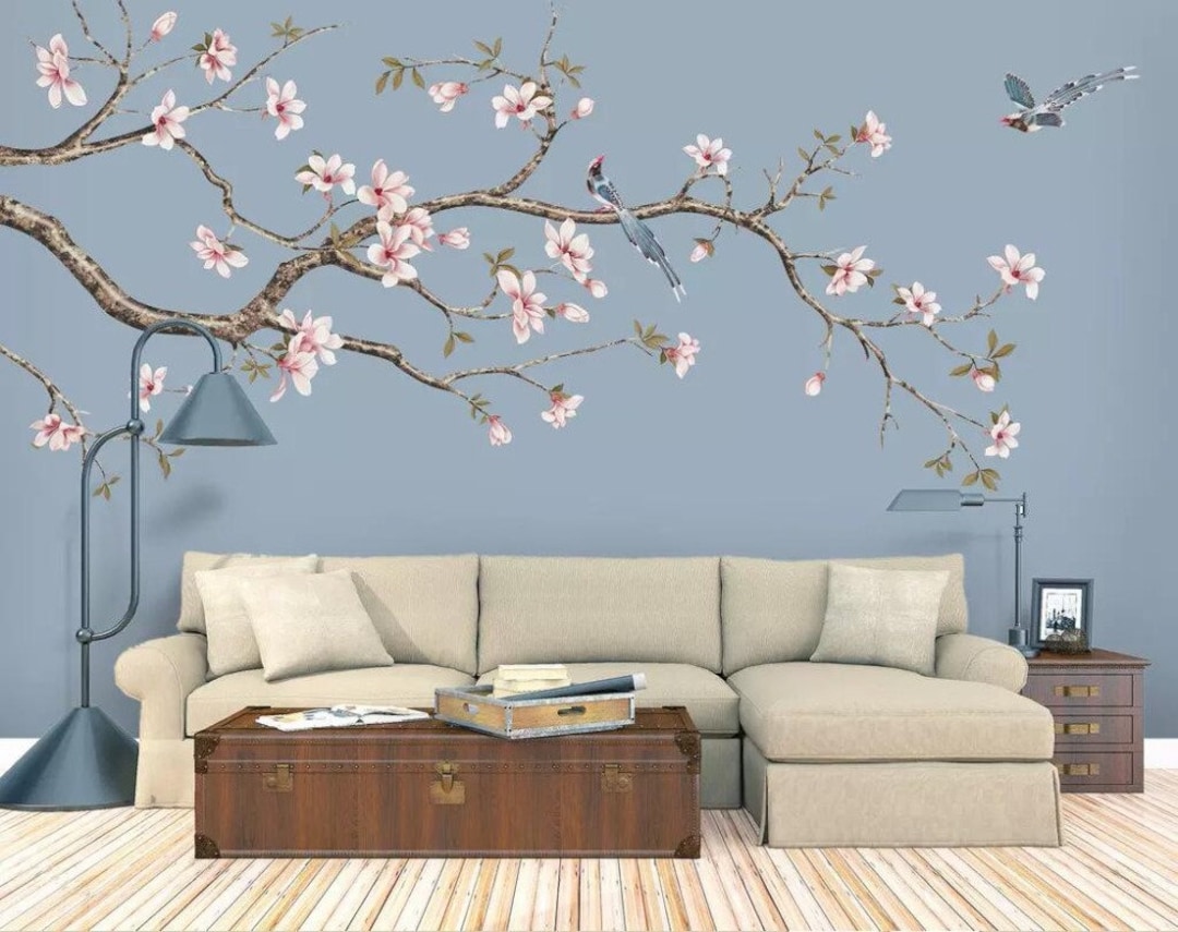 Chinoiserie Hanging Magnolia Tree Wallpaper, Flying Birds Home Decor ...