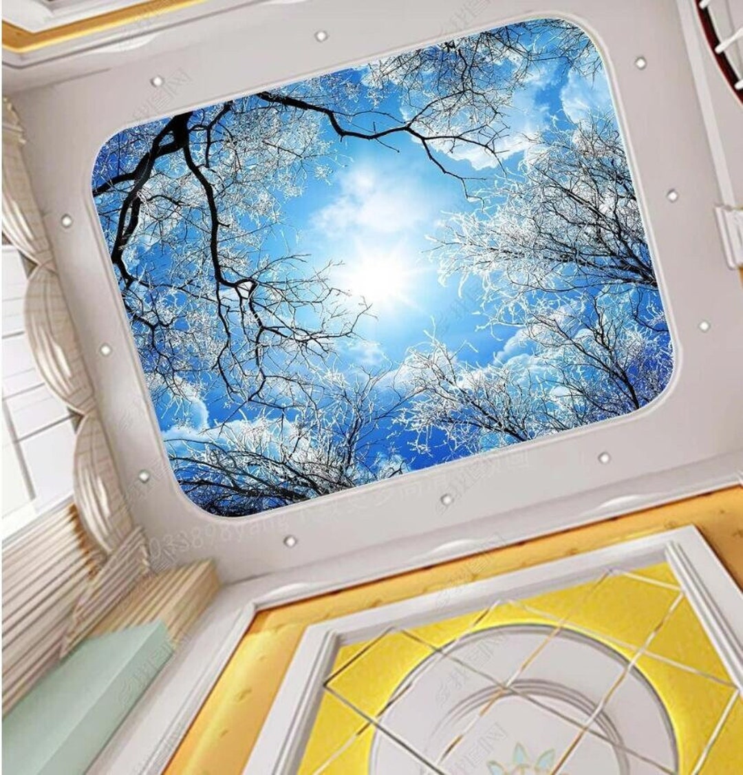 Blue Sky White Clouds Winter Snow Tree Forest Ceiling Living Room Theme ...