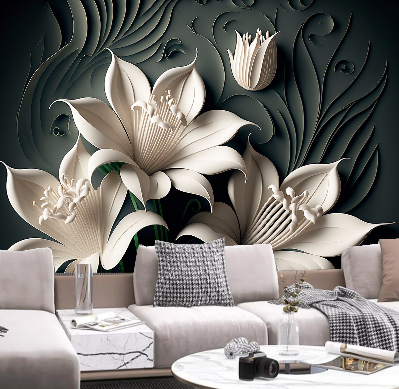 White Lilies 3D Wallpaper Mural: Elegant Floral Wall Decor - Etsy