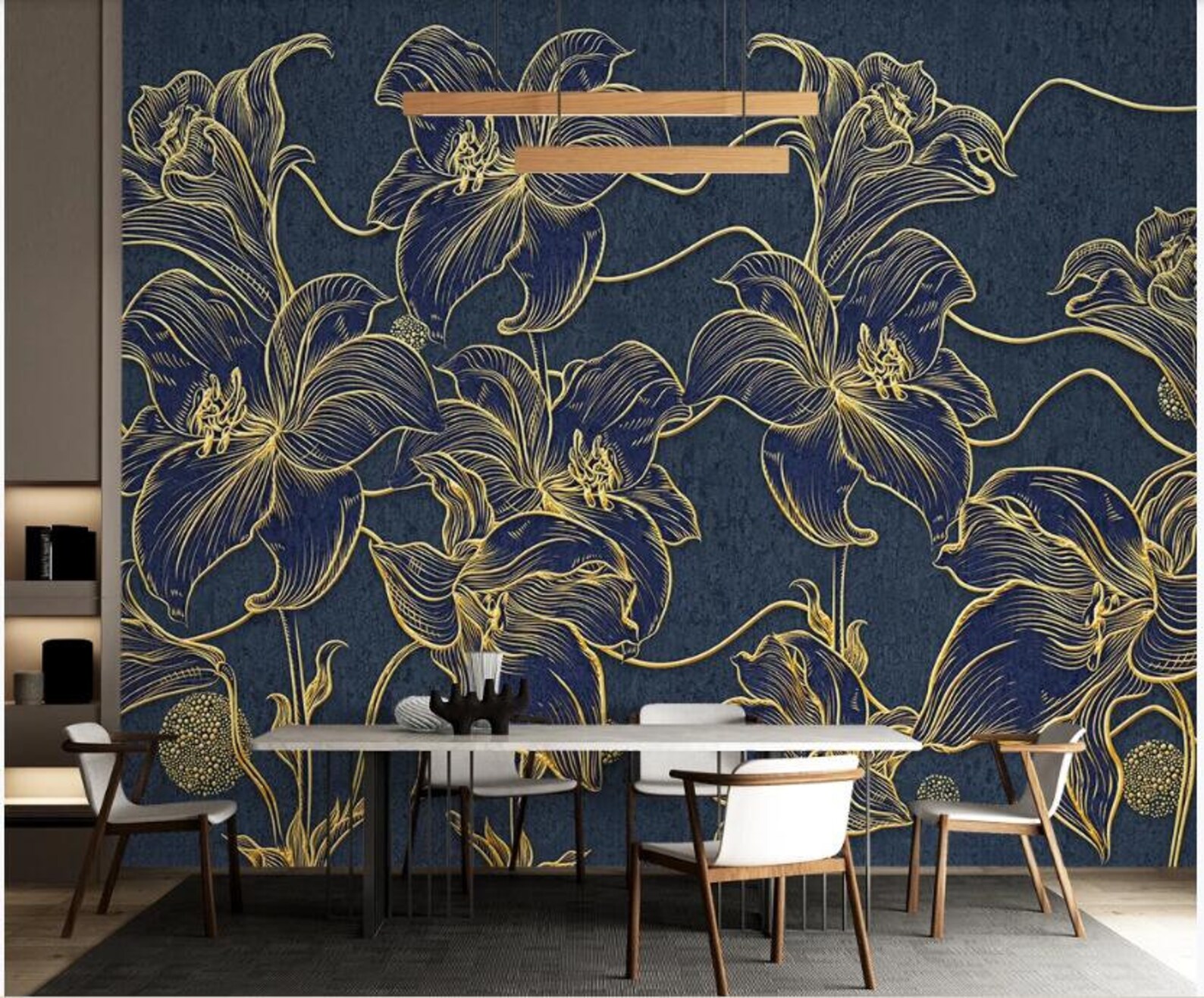 Navy Blue Background Gold Flowers Lily Wall Mural Hand - Etsy