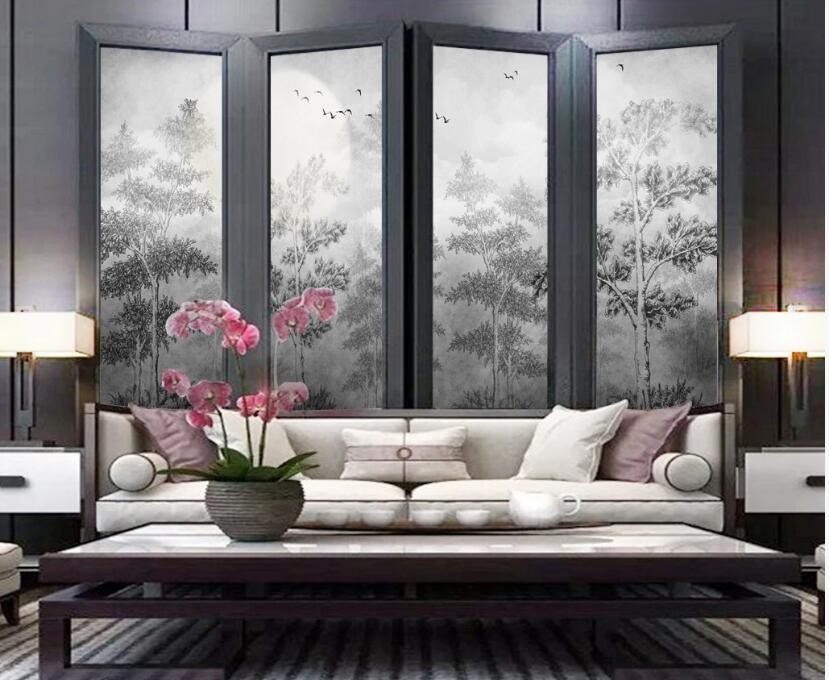 Grey Huge Trees Forest Wallpaper Handpainted Flying Birds and - Etsy