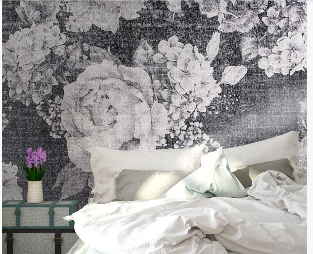 Grey Background Retro Big Rose Wallpaper, Hand Painted White Rose ...