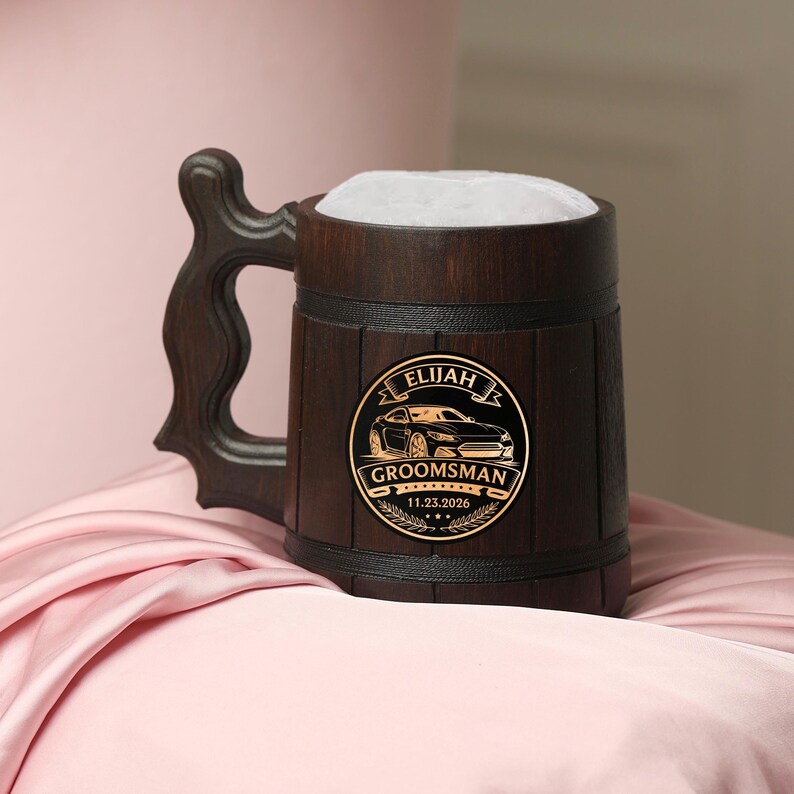 Groomsman Oak Beer Mug With Stainless Steel Insert, Personalized Gift ...