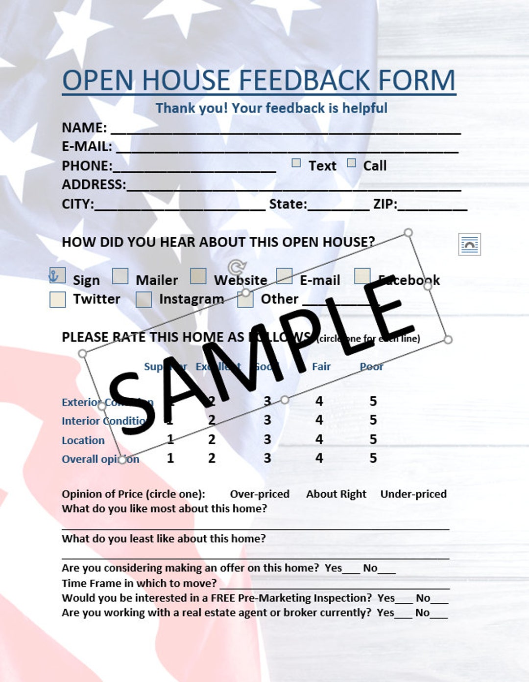 American Dream - Open House Feedback Form - Etsy