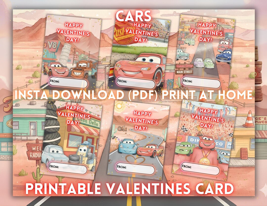 Cars Valentine's Day Cards | Printable Kids Vday (PDF Download) - Etsy