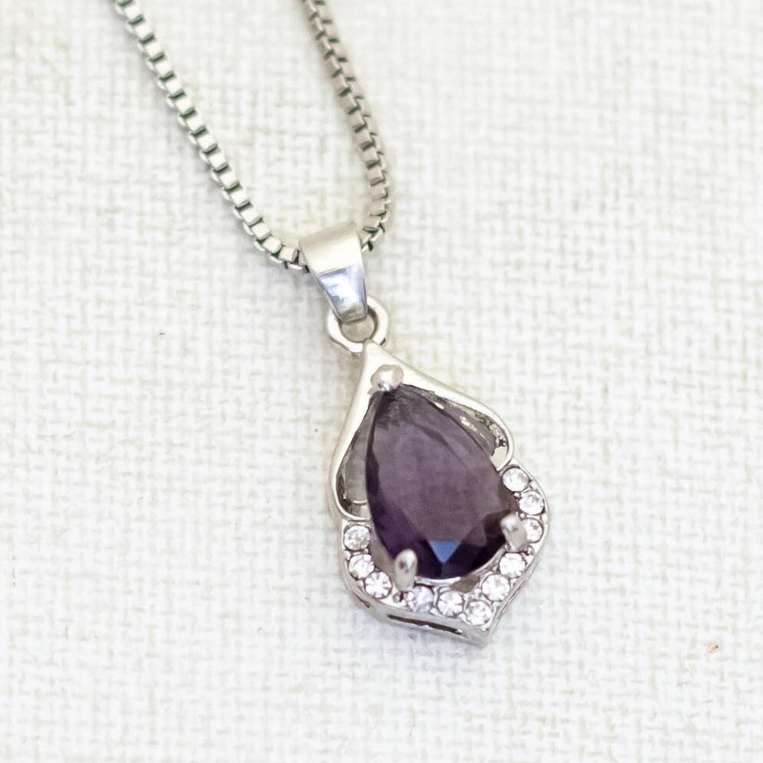 18 Inch, Vintage Art Deco Teardrop Purple Beads Silver Tone Necklace ...
