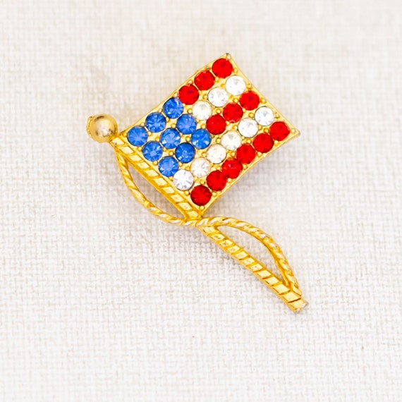 Vintage Colorful Rhinestones American Flag Gold Tone … - Gem