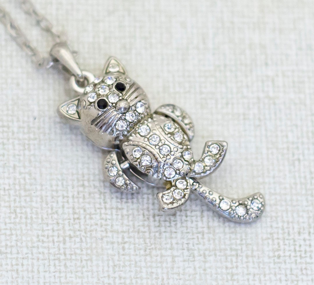 18 Inch, Vintage Silver Tone Adorable Cat Rhinestones Necklace - J1 - Etsy