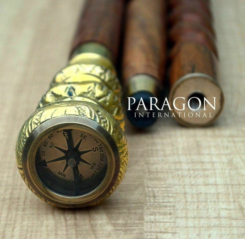 Antique Spiral Wooden Stick With Compass Walking Cane Brass - Etsy