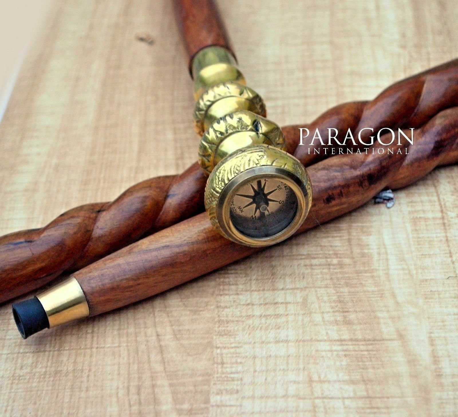 Antique Spiral Wooden Stick With Compass Walking Cane Brass - Etsy