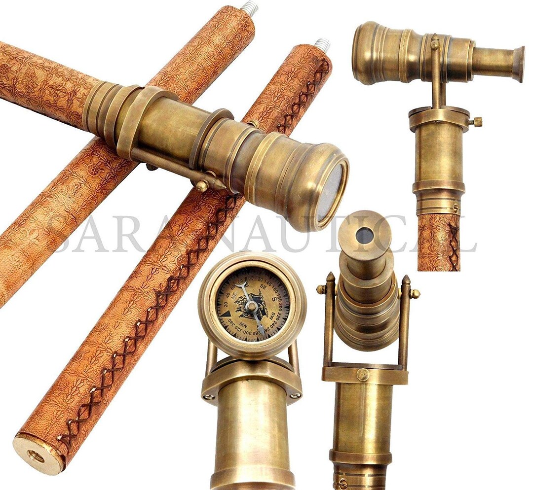Nautical Brass Antique Cane Telescope & Compass Walking Stick Nautical ...