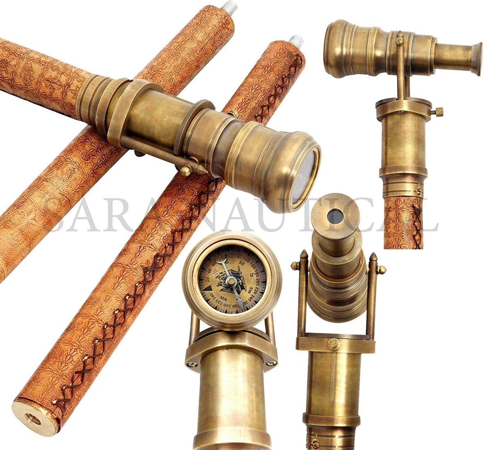 Nautical Brass Antique Cane Telescope & Compass Walking Stick Nautical ...