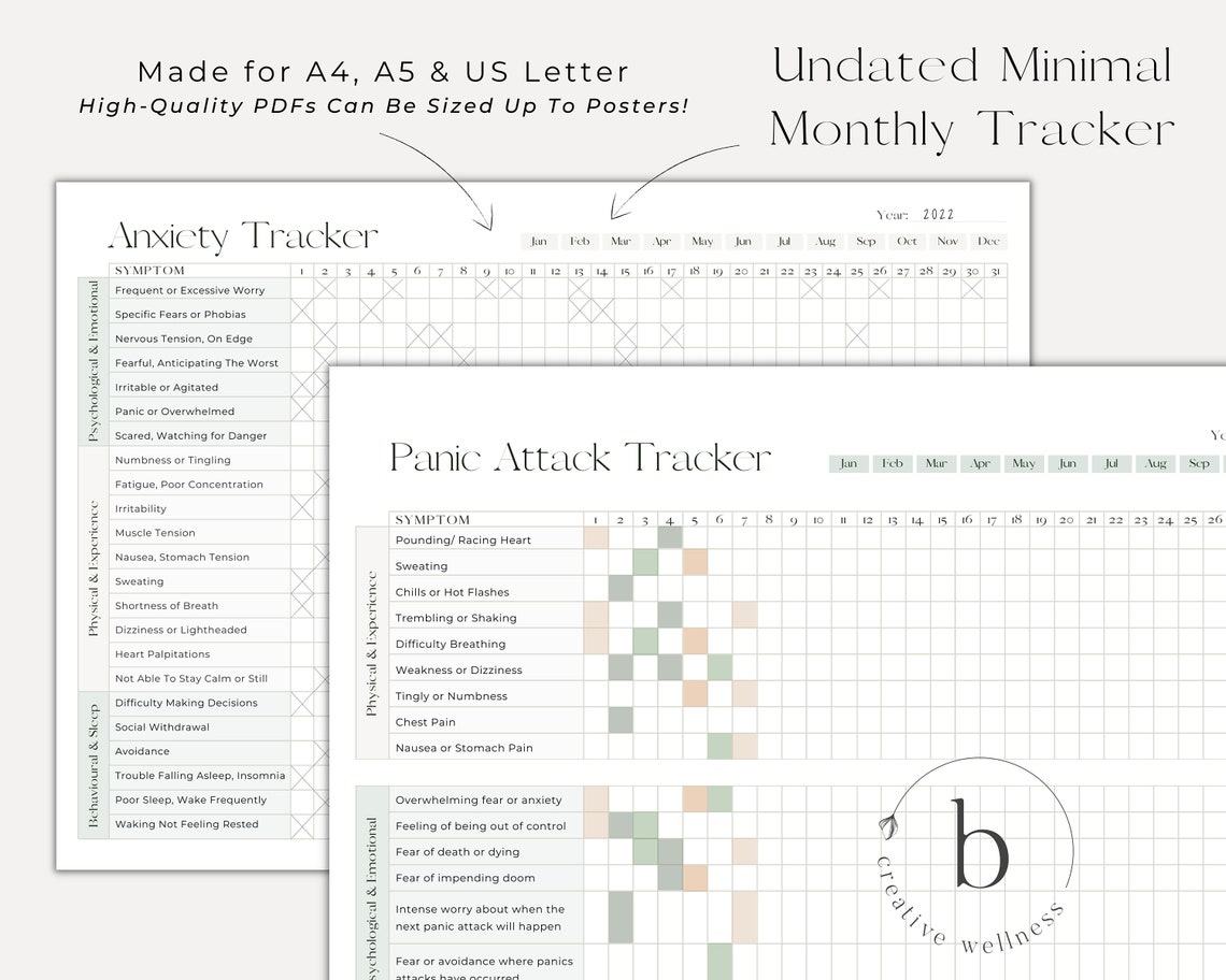 Printable Anxiety & Panic Attack Tracker, Log, Worksheet, Trigger List ...