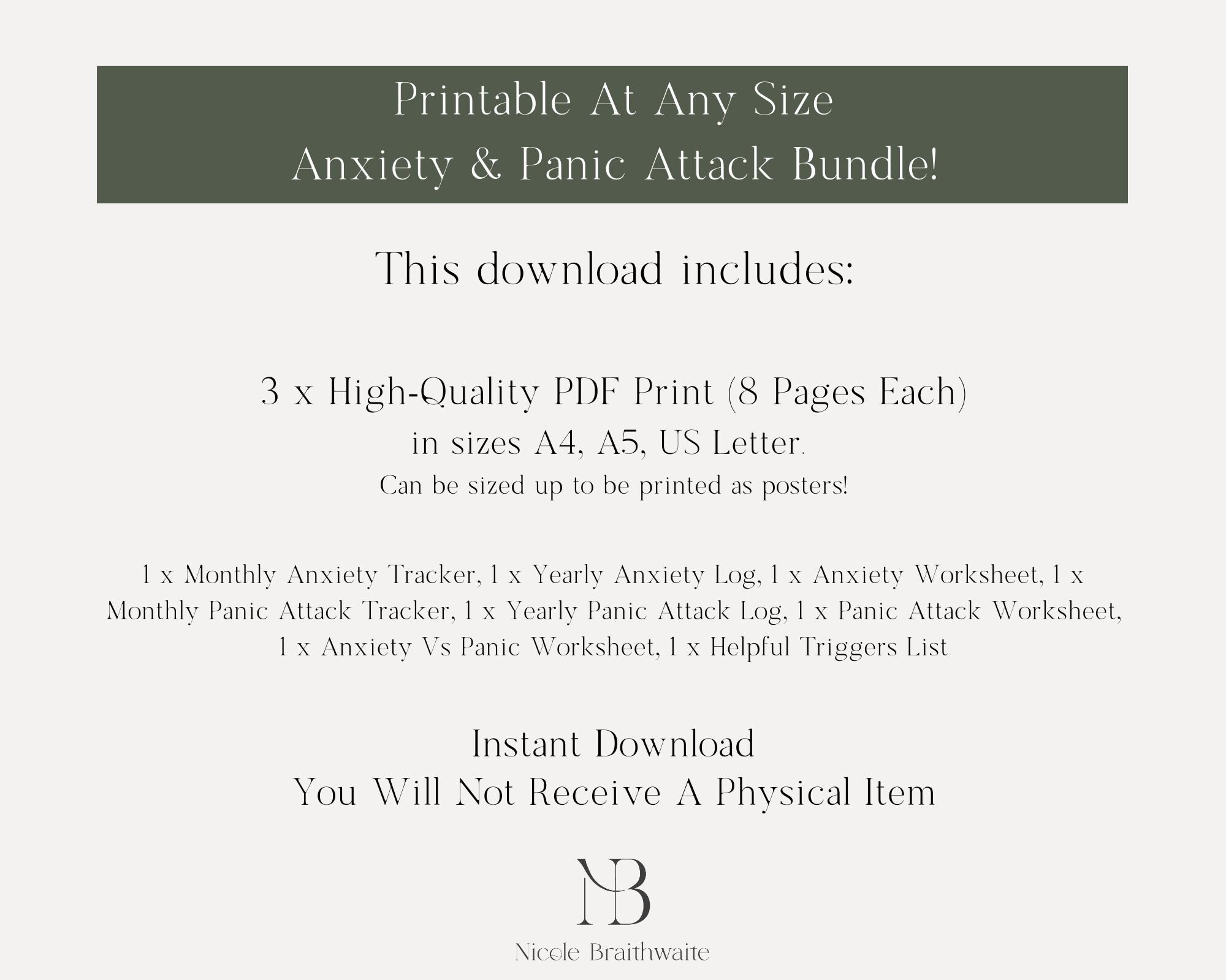 Printable Anxiety & Panic Attack Tracker, Log, Worksheet, Trigger List ...