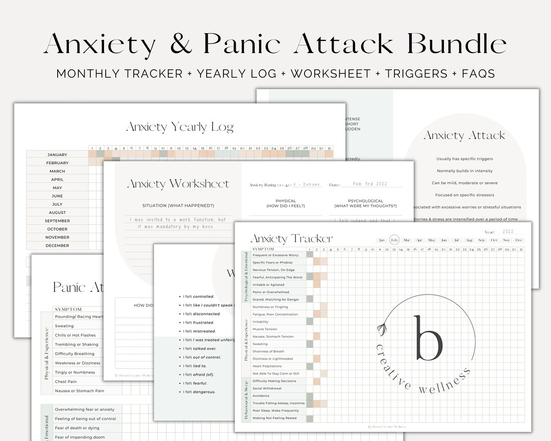 Printable Anxiety & Panic Attack Tracker, Log, Worksheet, Trigger List, Minimal, Mental Health ...