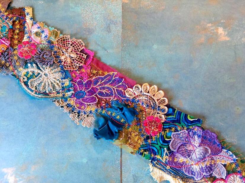 Boho Art Ribbon. Textile Art Snippet Roll. Fiber Art. Embroidered ...