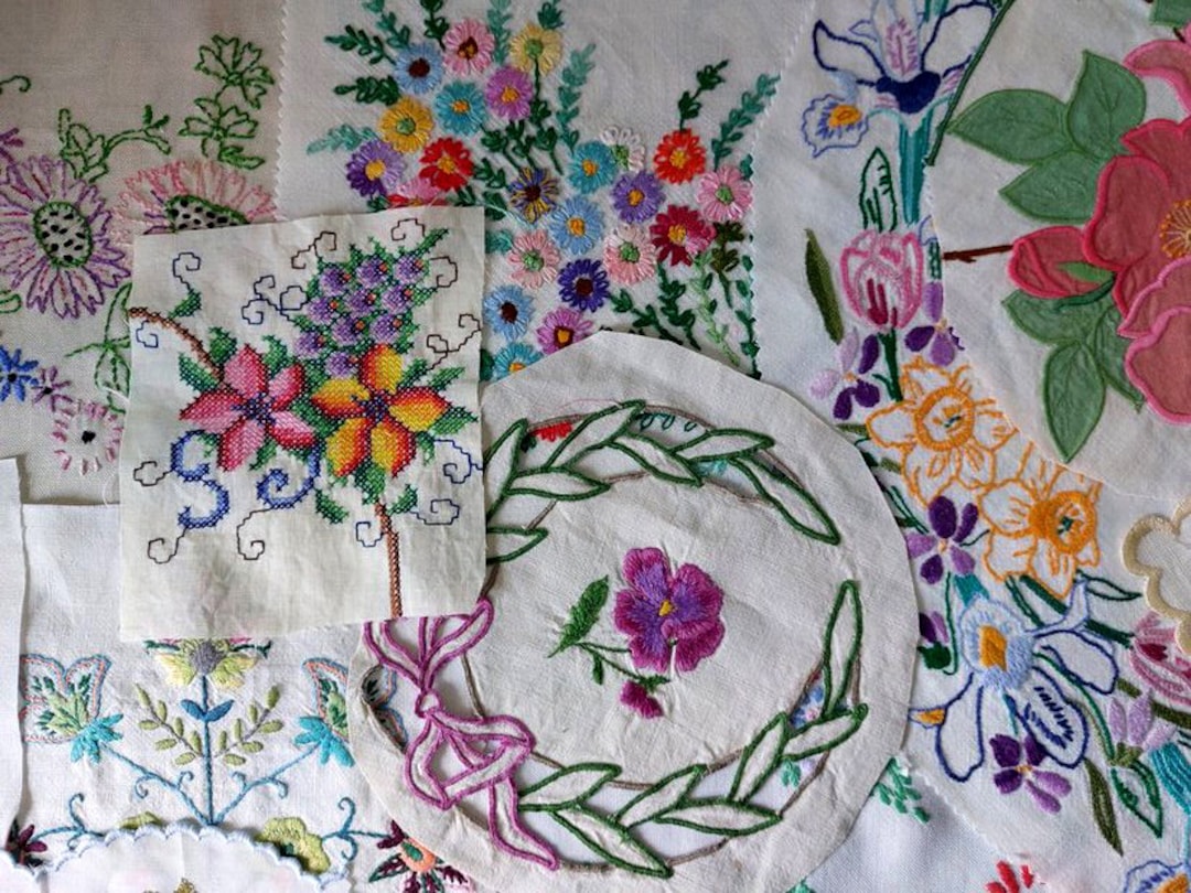 Vintage Embroidered Linen Pieces. Collection of Embroidery Remnants ...