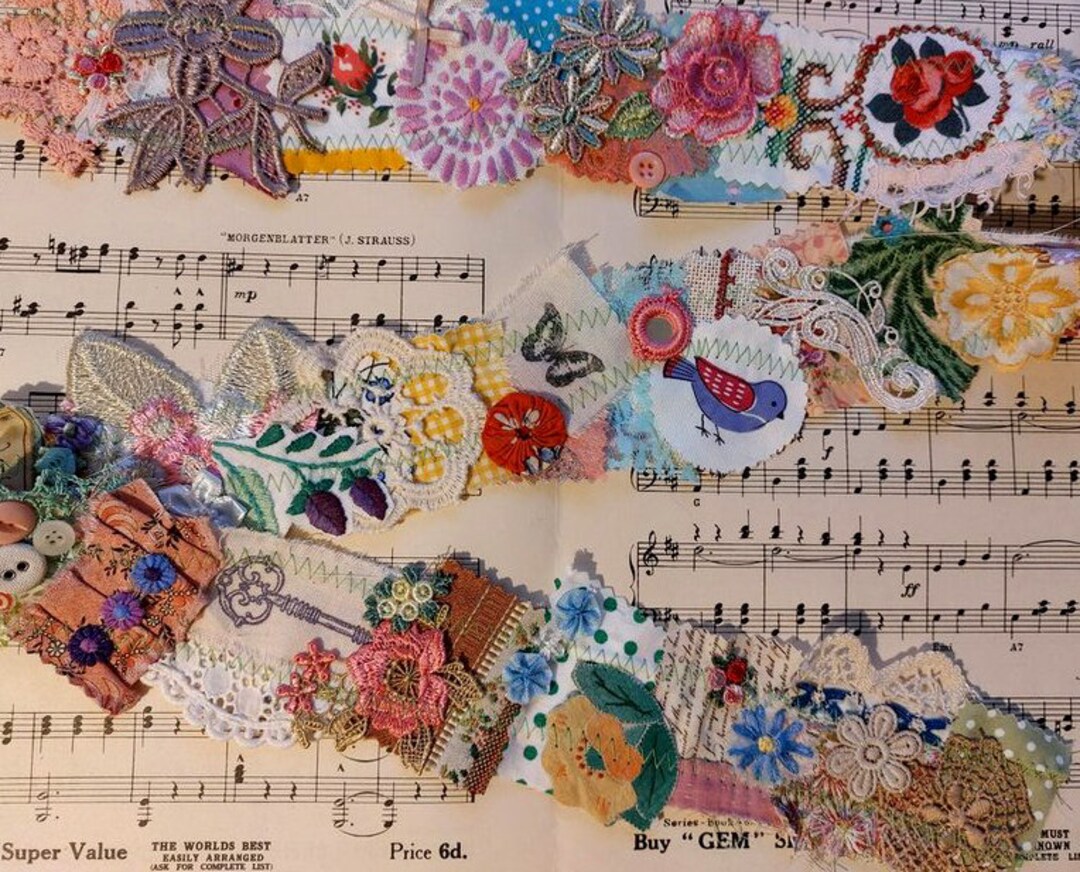 Stitched Fabric Snippet Roll / Ribbon. Pretty Vintage Look Ribbon. Junk ...