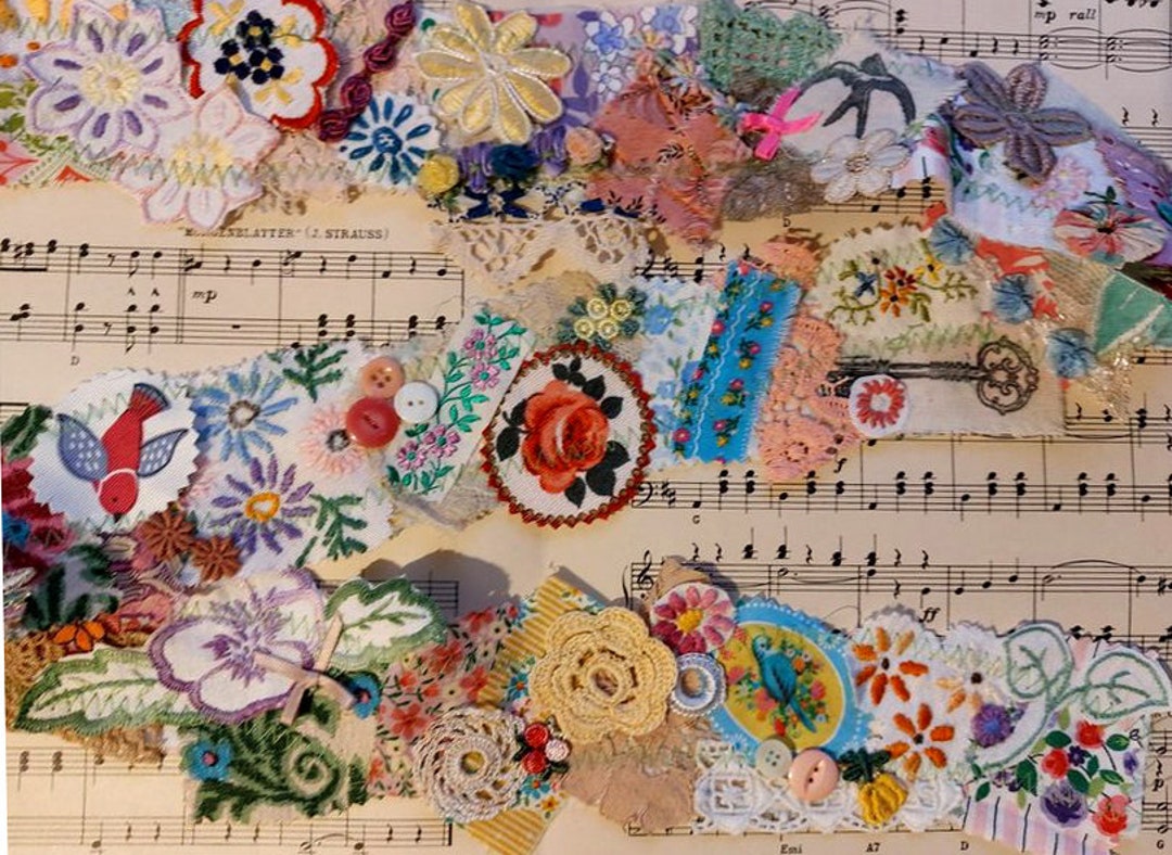 Stitched Fabric Snippet Roll / Ribbon. Pretty Vintage Look Ribbon. Junk ...