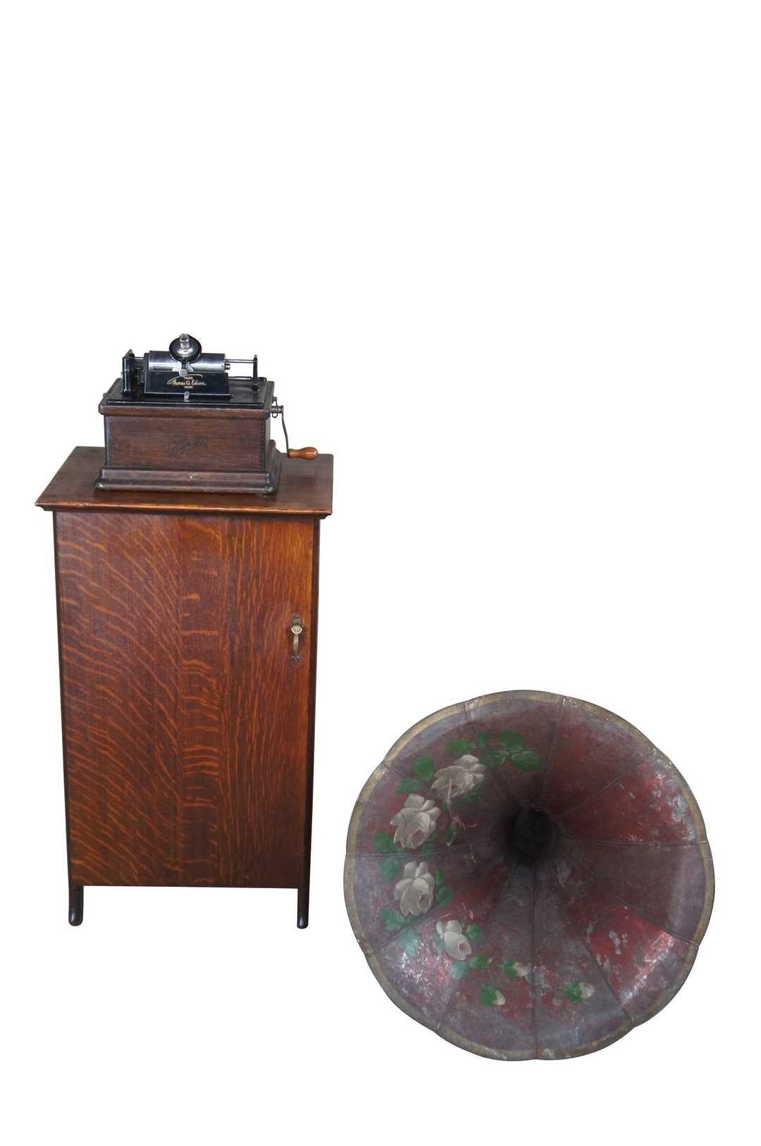 Antique Edison Model A Cylinder Phonograph & Cabinet W/ 93 Record Music ...