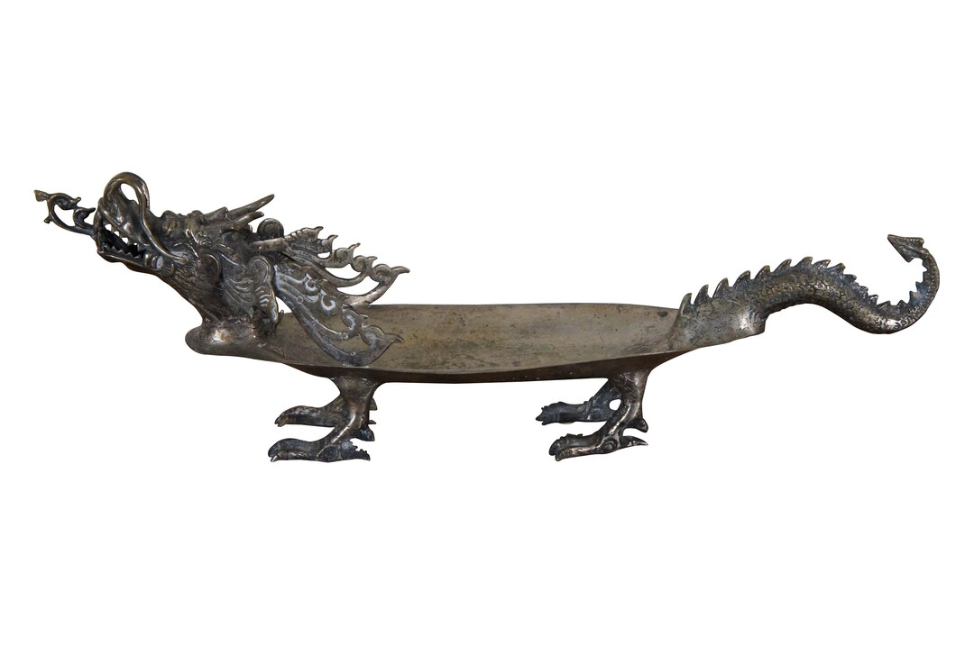 Vintage Bronze Sculptural Chinese Dragon Centerpiece Serving Tray Bowl ...