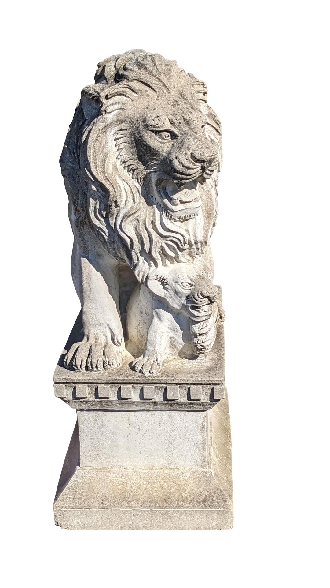 Large Concrete Seated Lion & Cub Statue on Plinth Garden Entry Doorway ...