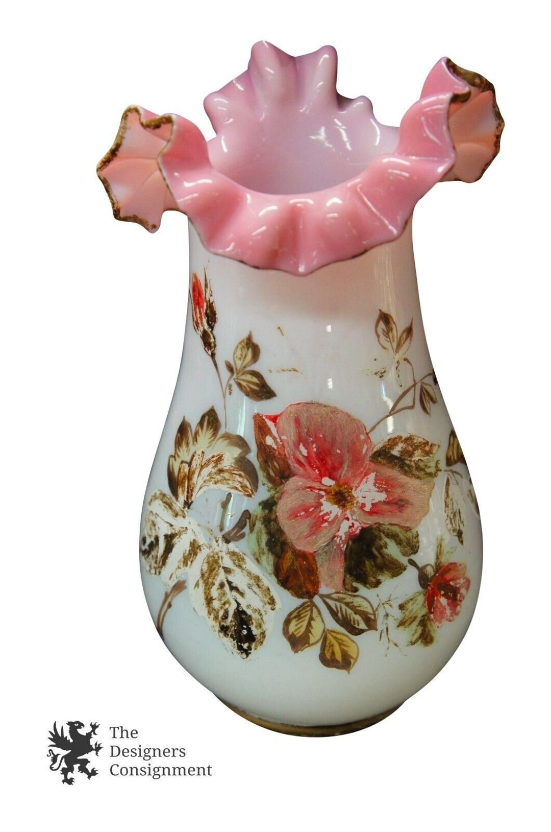 Painted Glass Vase Ribbon Edge Opalescent Hand Painted Blown Milk White ...