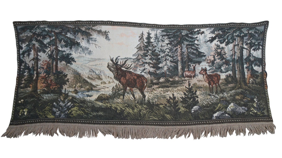 Vintage Woven Deer Stag Hunt Landscape Wall Hanging Tapestry Textile 59 ...