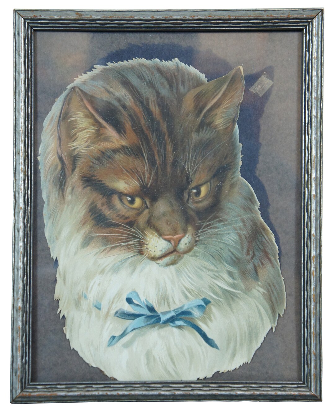 Antique Victorian Die Cut Long Hair Cranky Cat Lithograph Print Framed ...