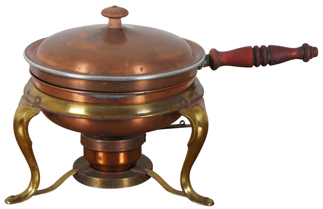 Mid Century Copper & Brass Chafing Dish Set Warming Pan Wood Handle ...