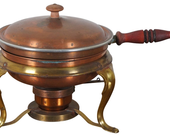 Mid Century Copper & Brass Chafing Dish Set Warming Pan Wood Handle ...
