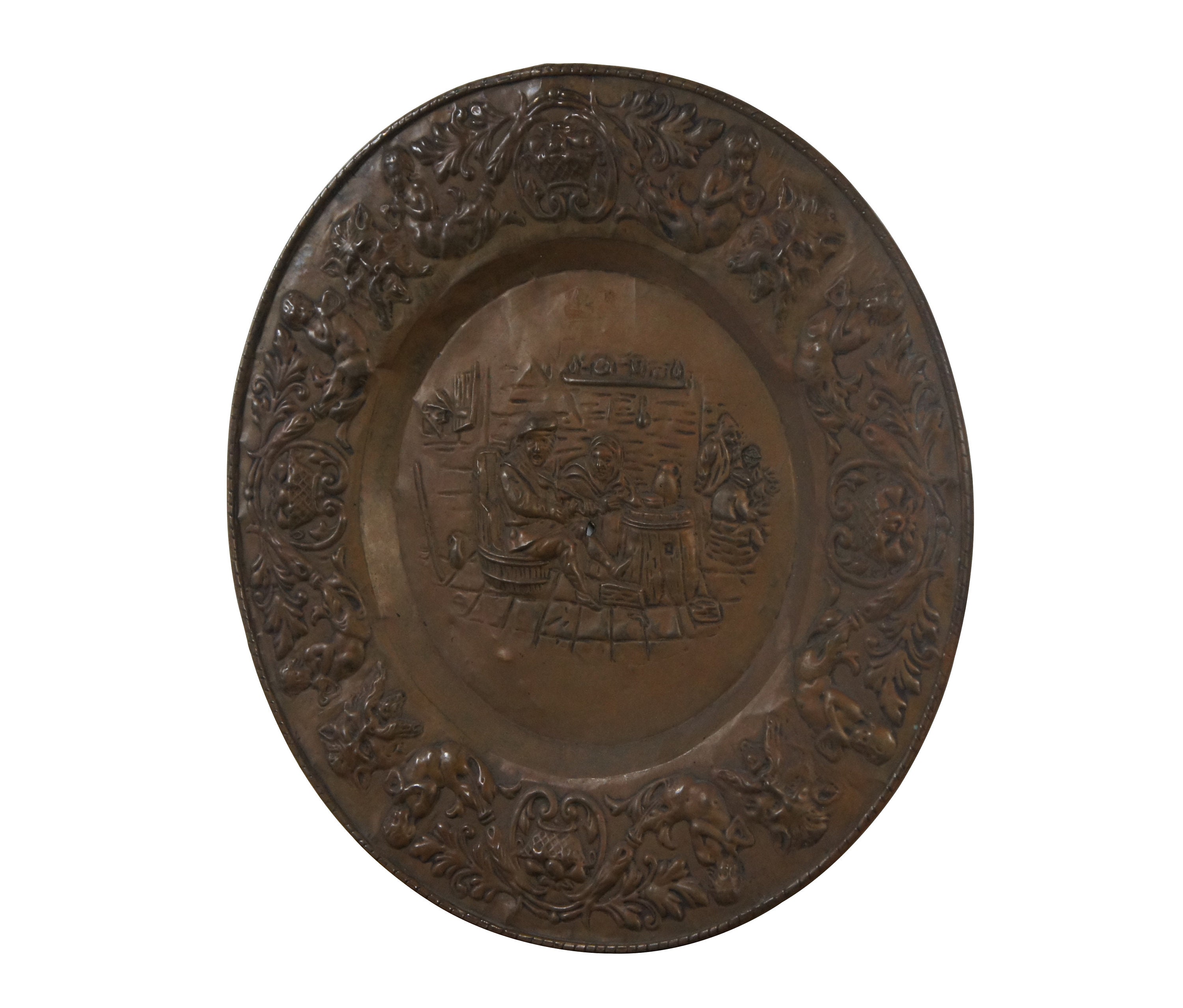 Antique Copper Embossed Tavern Scene Repousse Wall Plaque Charger ...