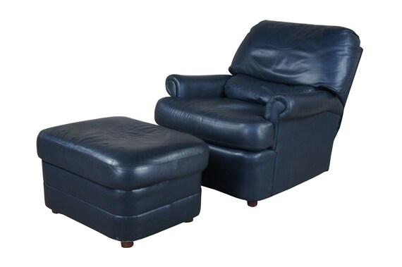 Bradington Young Blue Leather Reclining Club Lounge Library Chair Ottoman Etsy