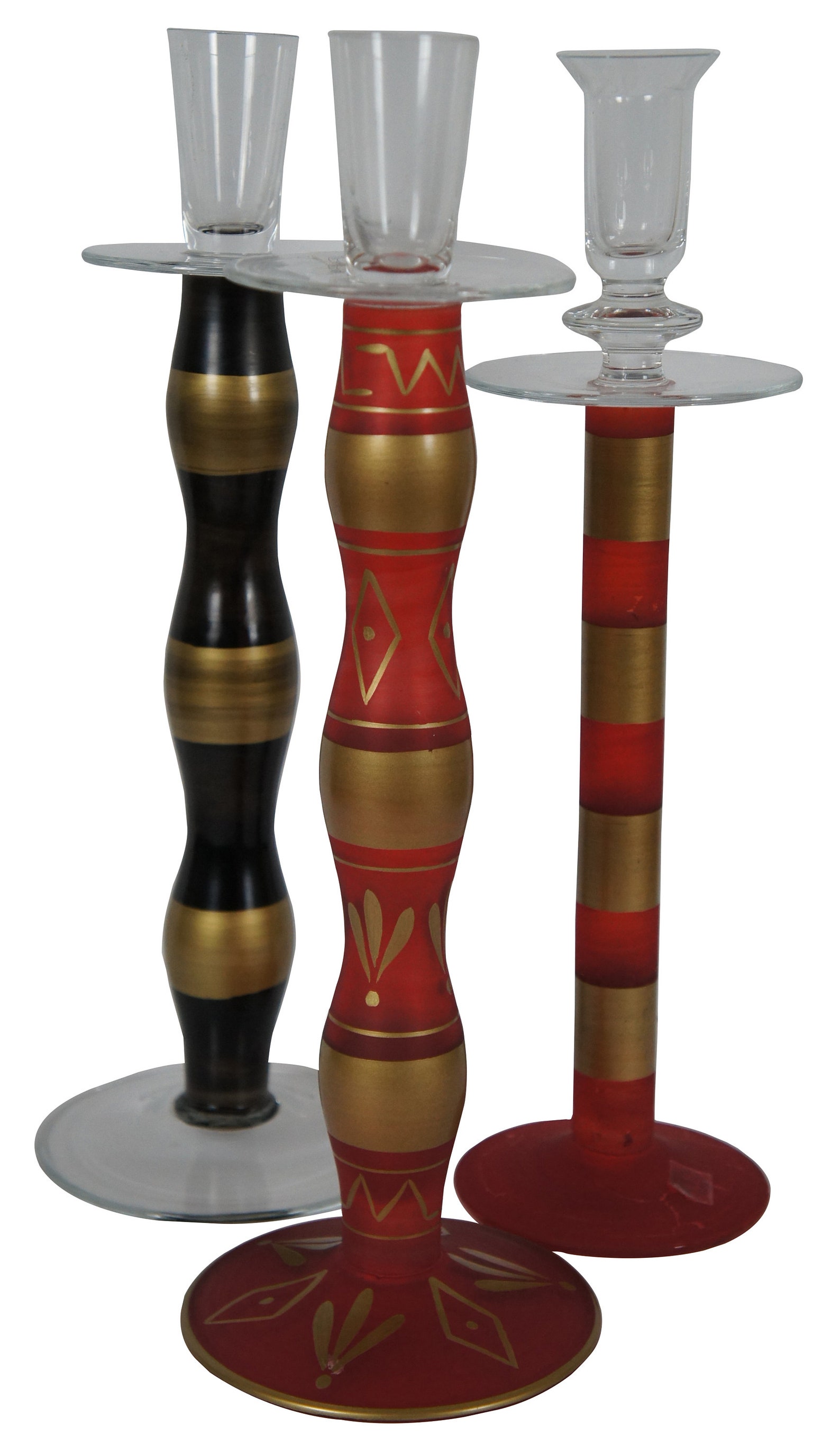 3 Hand Blown Romanian Artisan Art Glass Painted Candlesticks Taper Trio ...